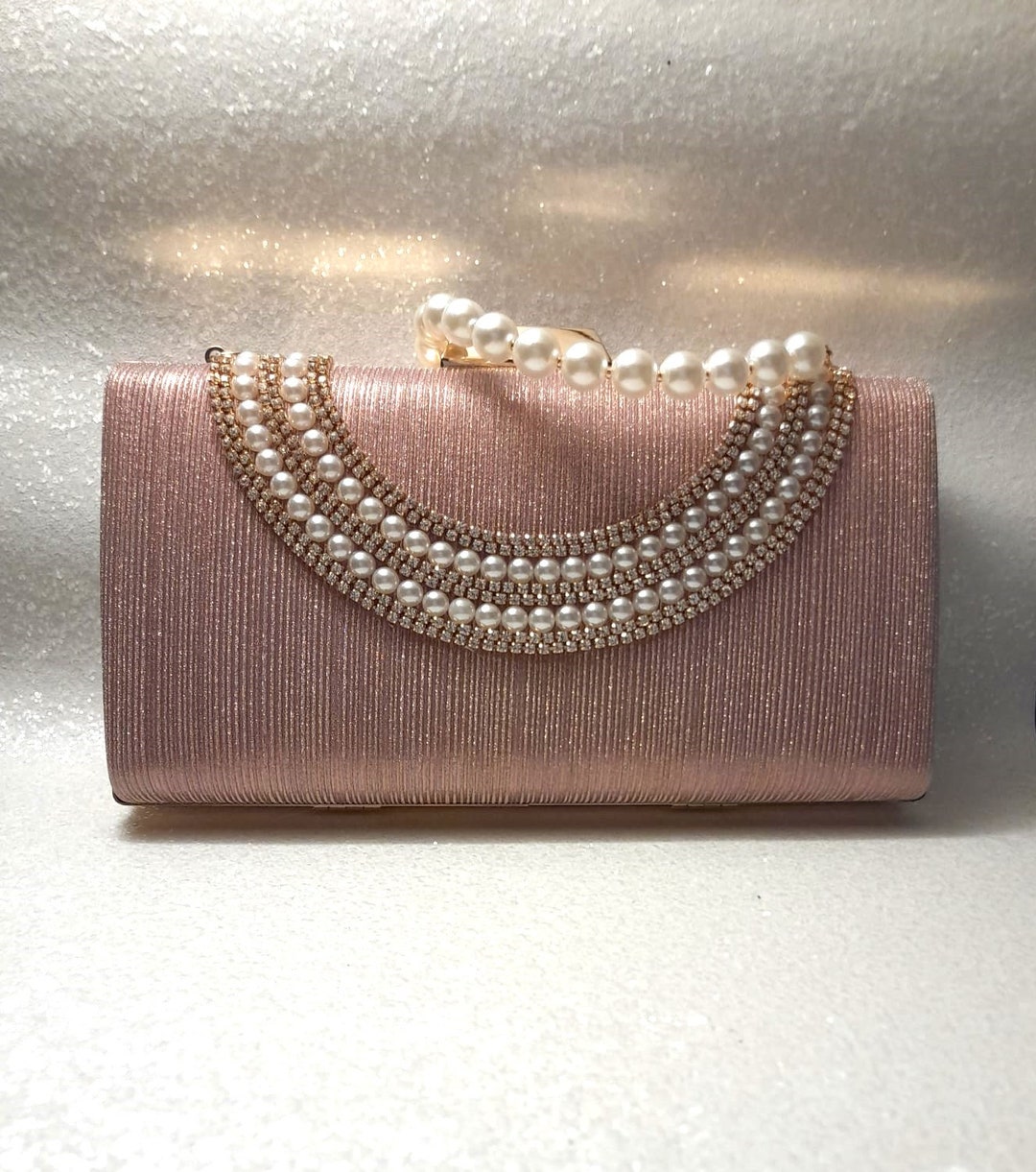 Rose Gold Glitter Satin and Pearl Design Evening Clutch Bag for Special ...