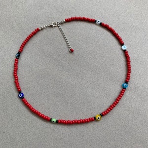 Red Beaded Necklace With Assorted Colorful Evil Eye Charms, Evil Eye ...