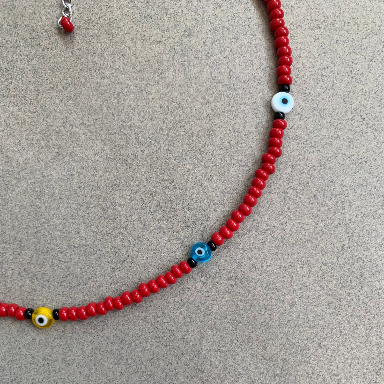 Red Beaded Necklace With Assorted Colorful Evil Eye Charms, Evil Eye ...
