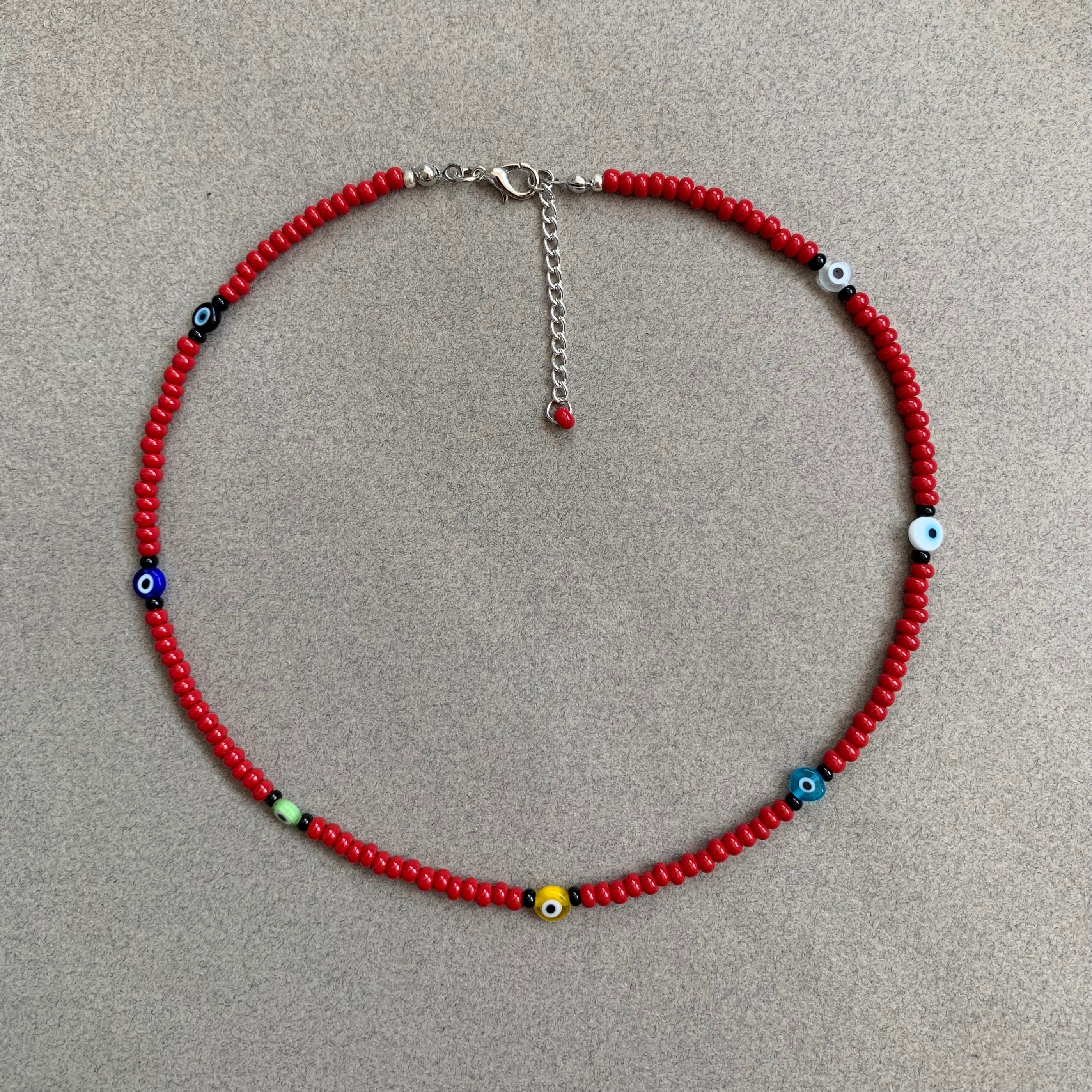 Red Beaded Necklace With Assorted Colorful Evil Eye Charms, Evil Eye ...