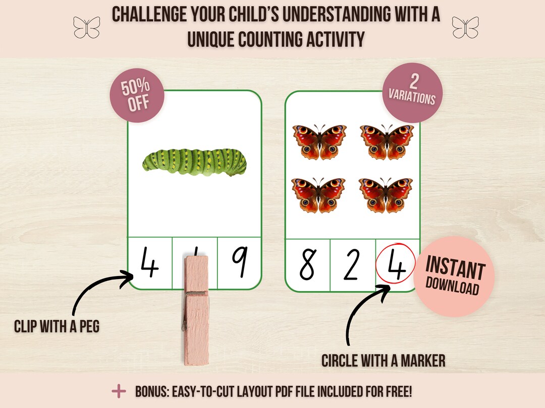 Butterfly Life Cycle Count and Clip Cards, Counting Game, Counting ...