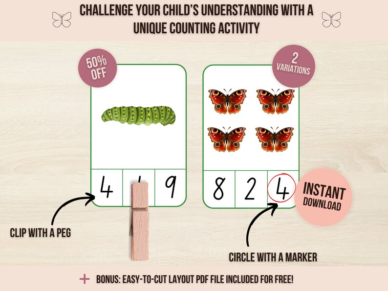 Butterfly Life Cycle Count and Clip Cards, Counting Game, Counting ...