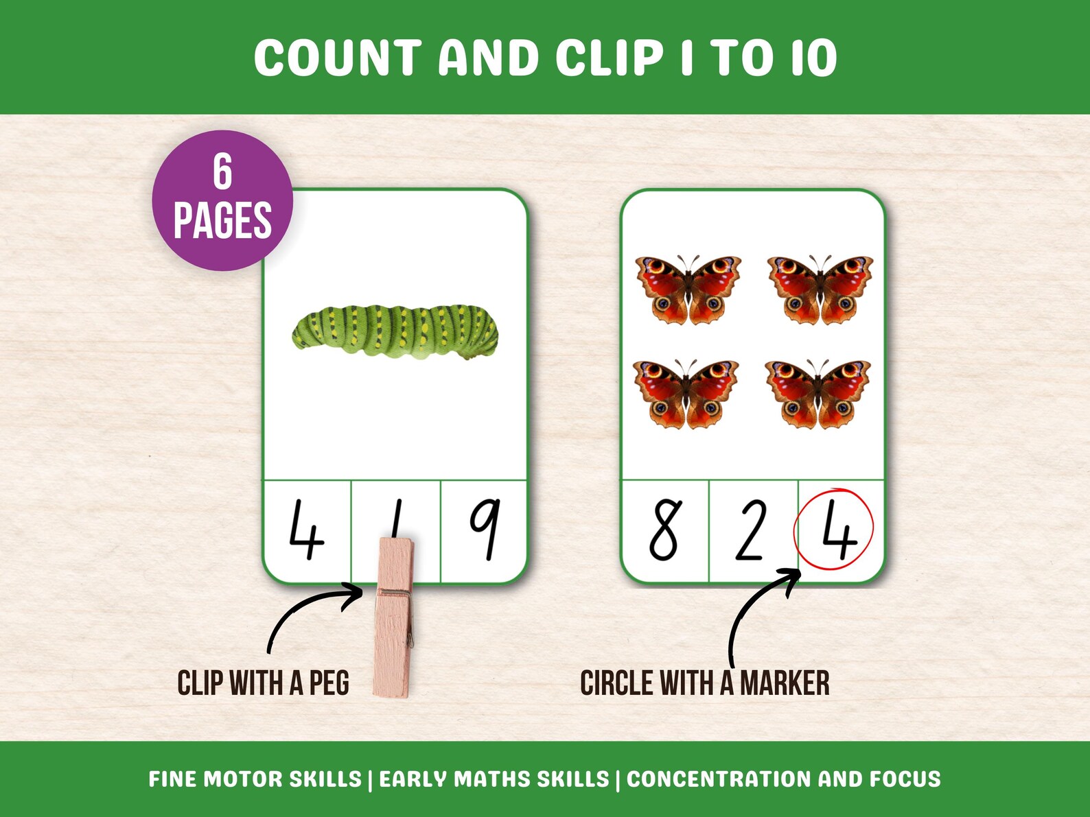 Butterfly Life Cycle Count and Clip Cards, Counting Game, Counting ...