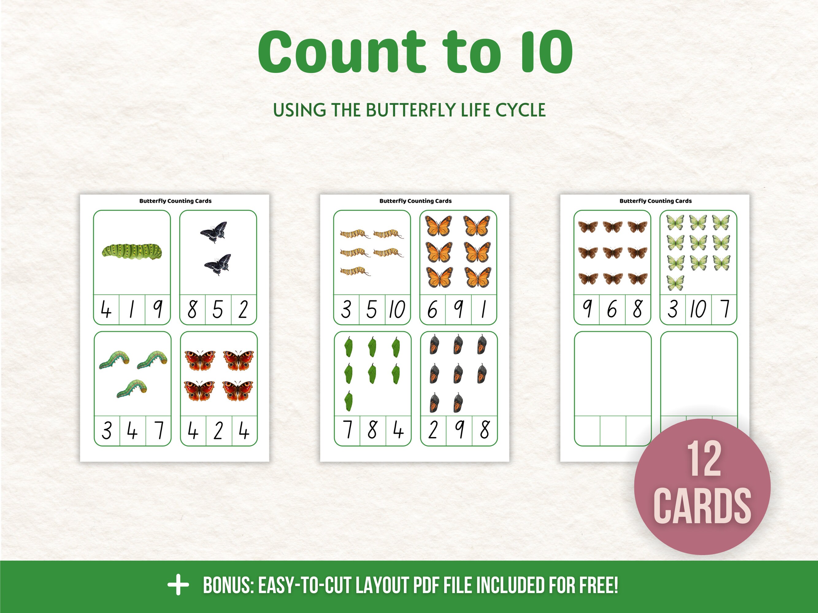 Butterfly Life Cycle Count and Clip Cards, Counting Game, Counting ...