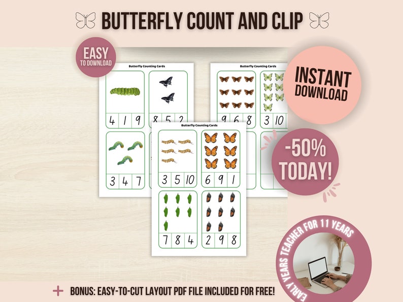 Butterfly Life Cycle Count and Clip Cards, Counting Game, Counting ...
