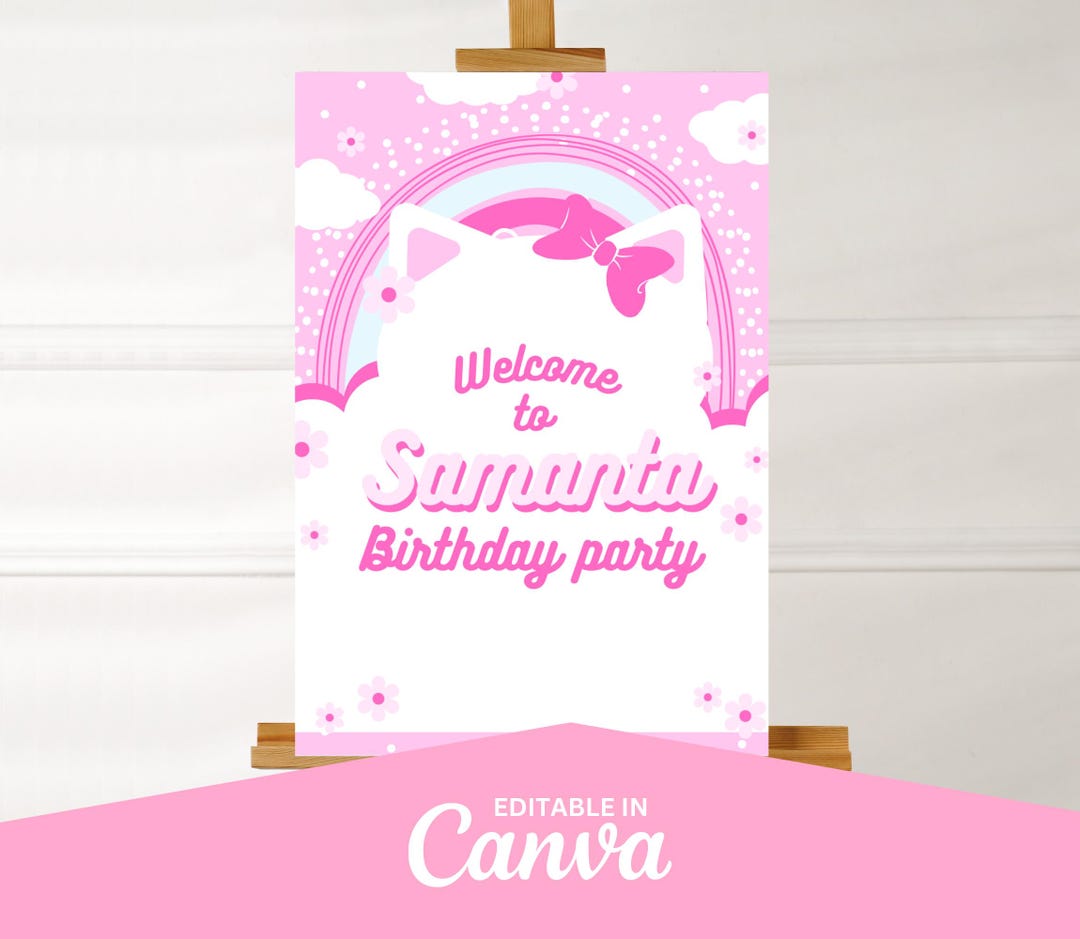 Kawaii Kitty Welcome Sign, Editable Kitty Birthday Welcome Poster ...