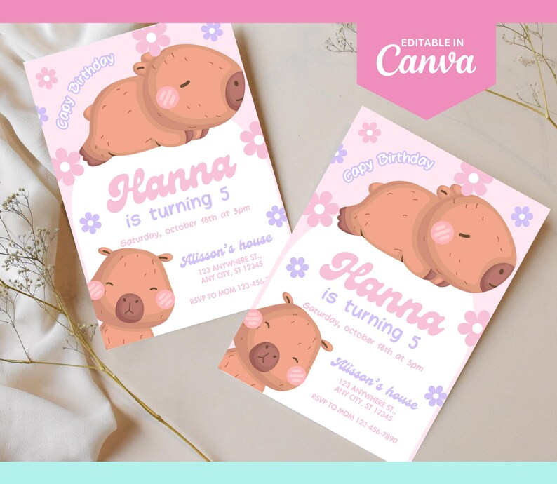 Capybara Birthday Invitation, Cute Pink Capy Birthday, Digital Download ...