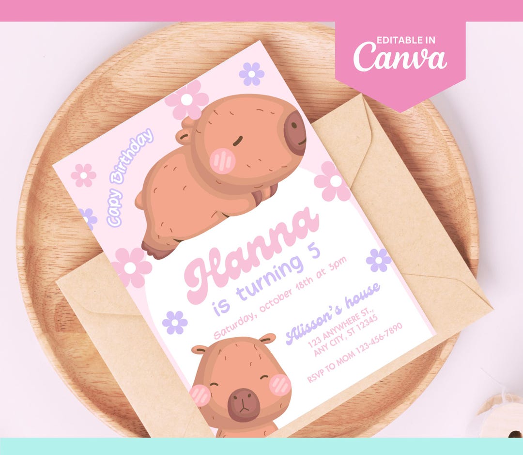 Capybara Birthday Invitation, Cute Pink Capy Birthday, Digital Download ...