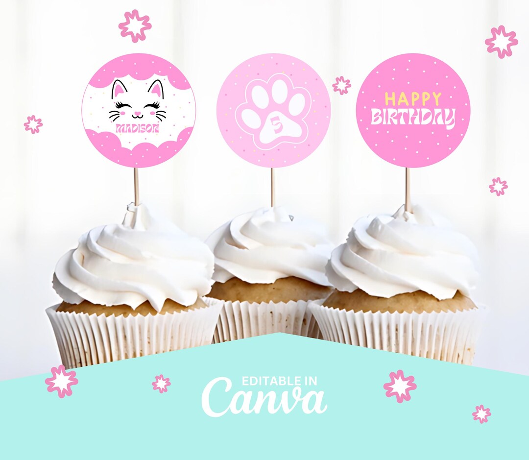 Cute Kitten Cupcake Toppers , Printable Cat Birthday Decor , Editable ...