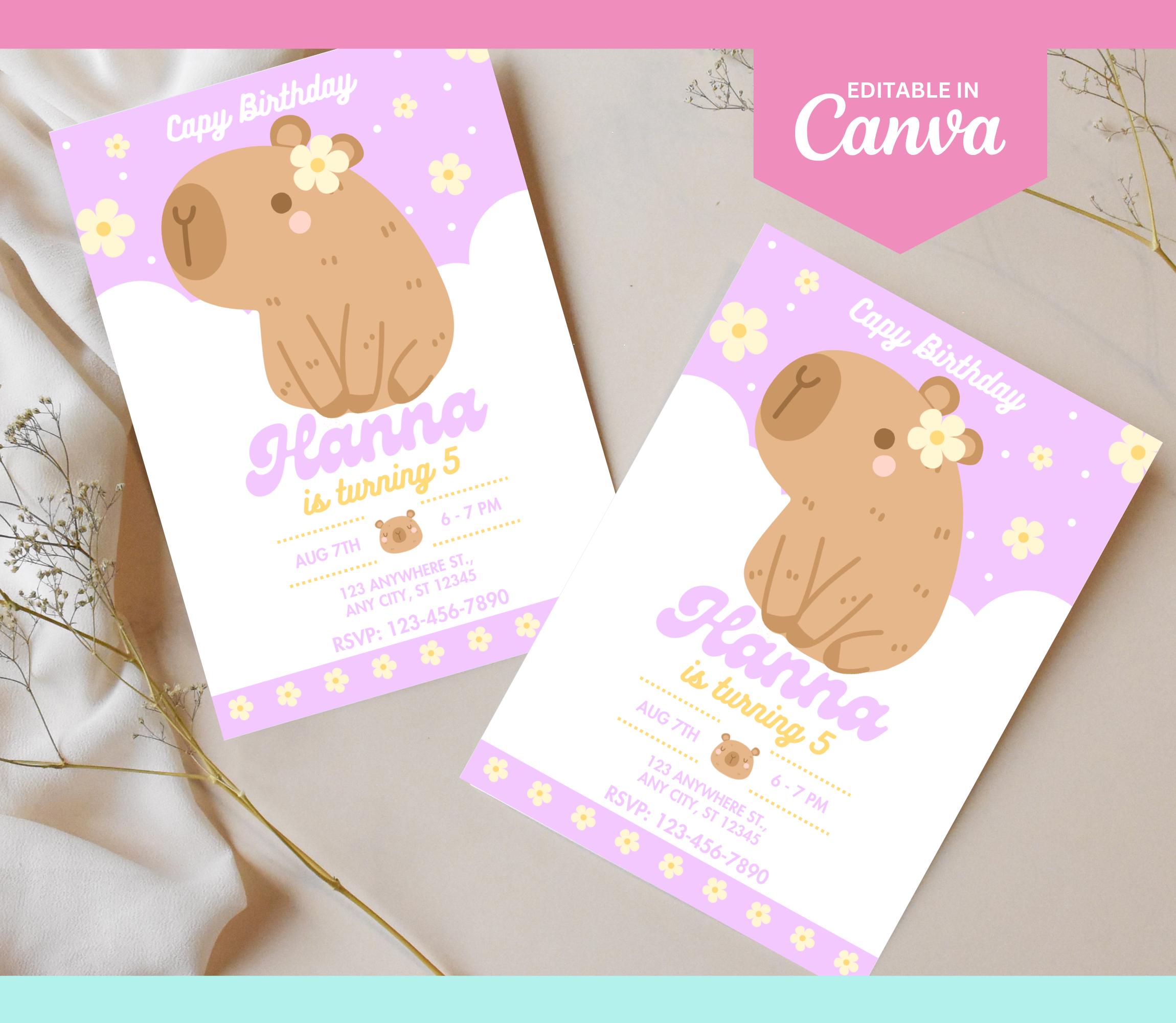 Capybara Birthday Invitation for Girls - Editable in Canva, Digital ...