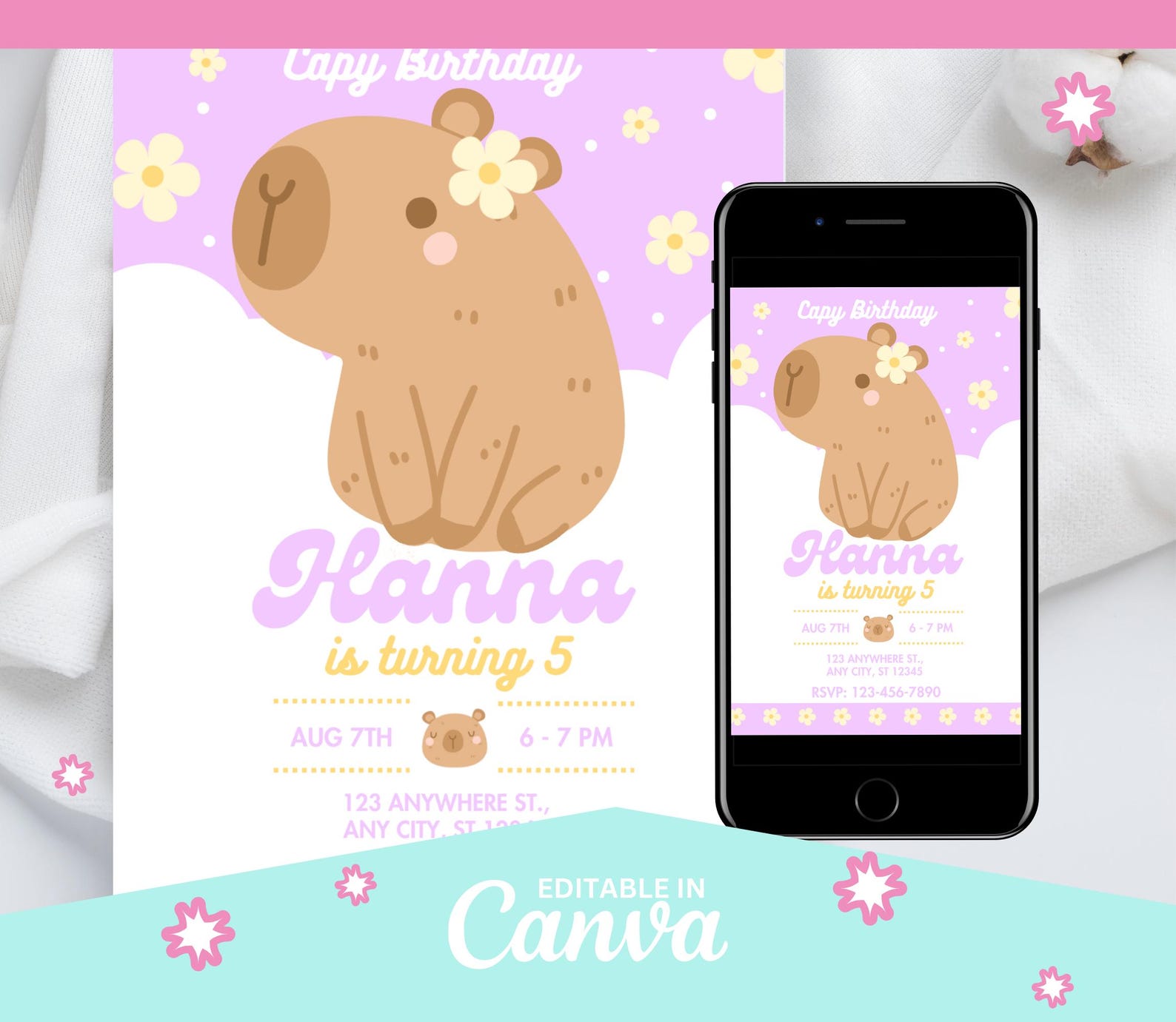 Capybara Birthday Invitation for Girls - Editable in Canva, Digital ...