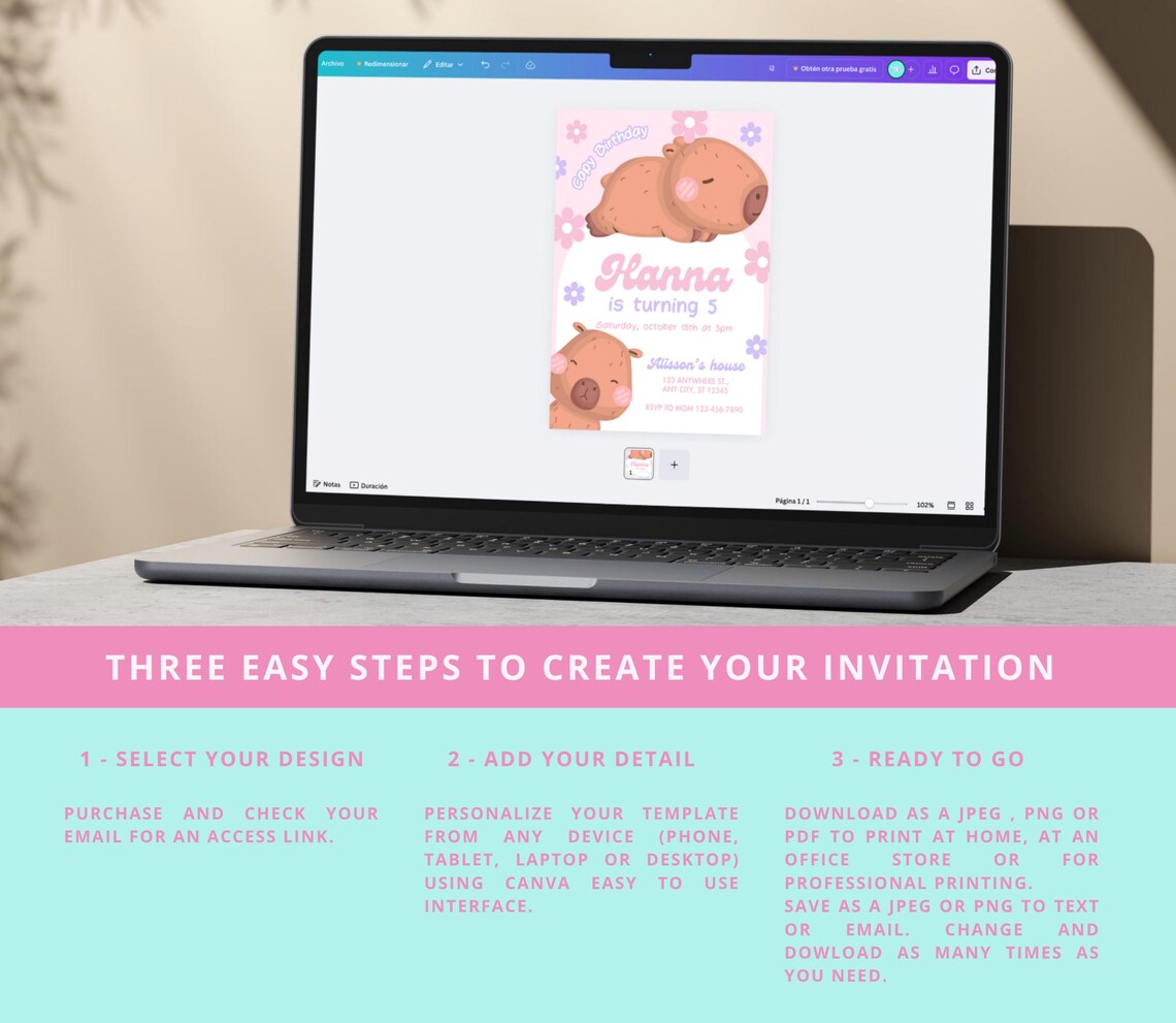 Capybara Birthday Invitation, Cute Pink Capy Birthday, Digital Download ...
