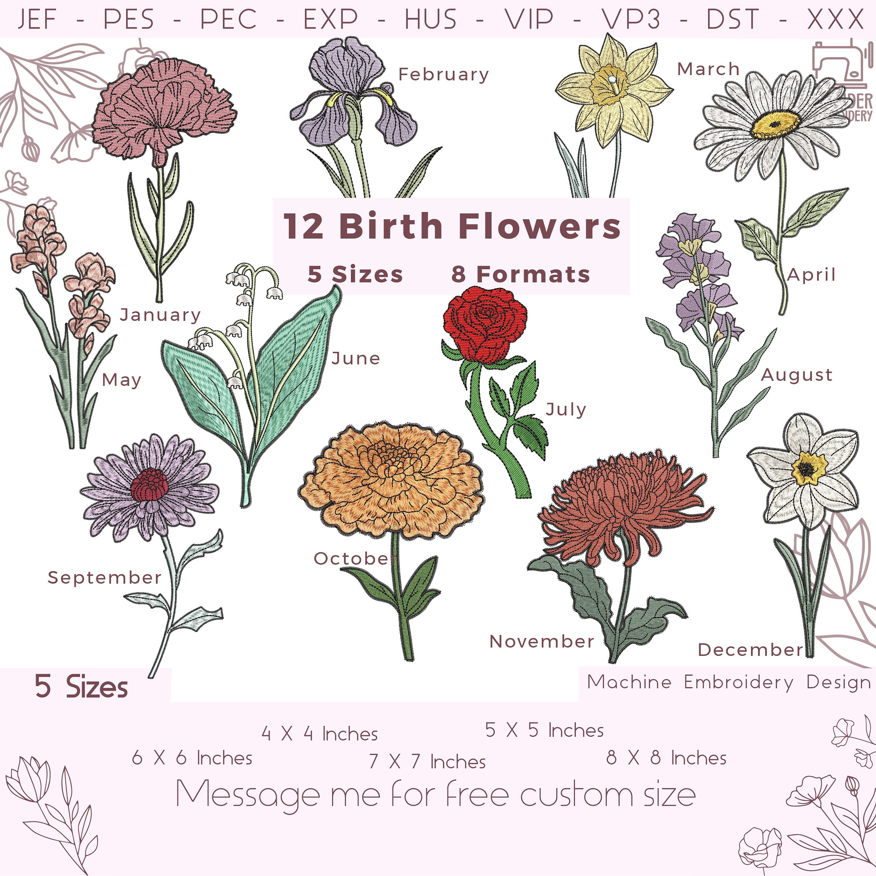 12 Birth Month Flower Set Machine Embroidery Design | Botanical Design ...