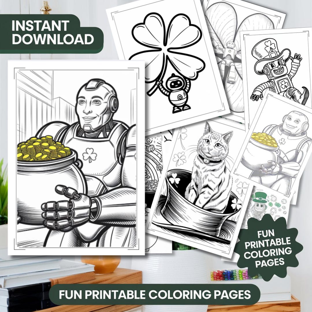 St. Patricks Day Robot Celebrating Patricks Coloring Pages, Fun Black ...