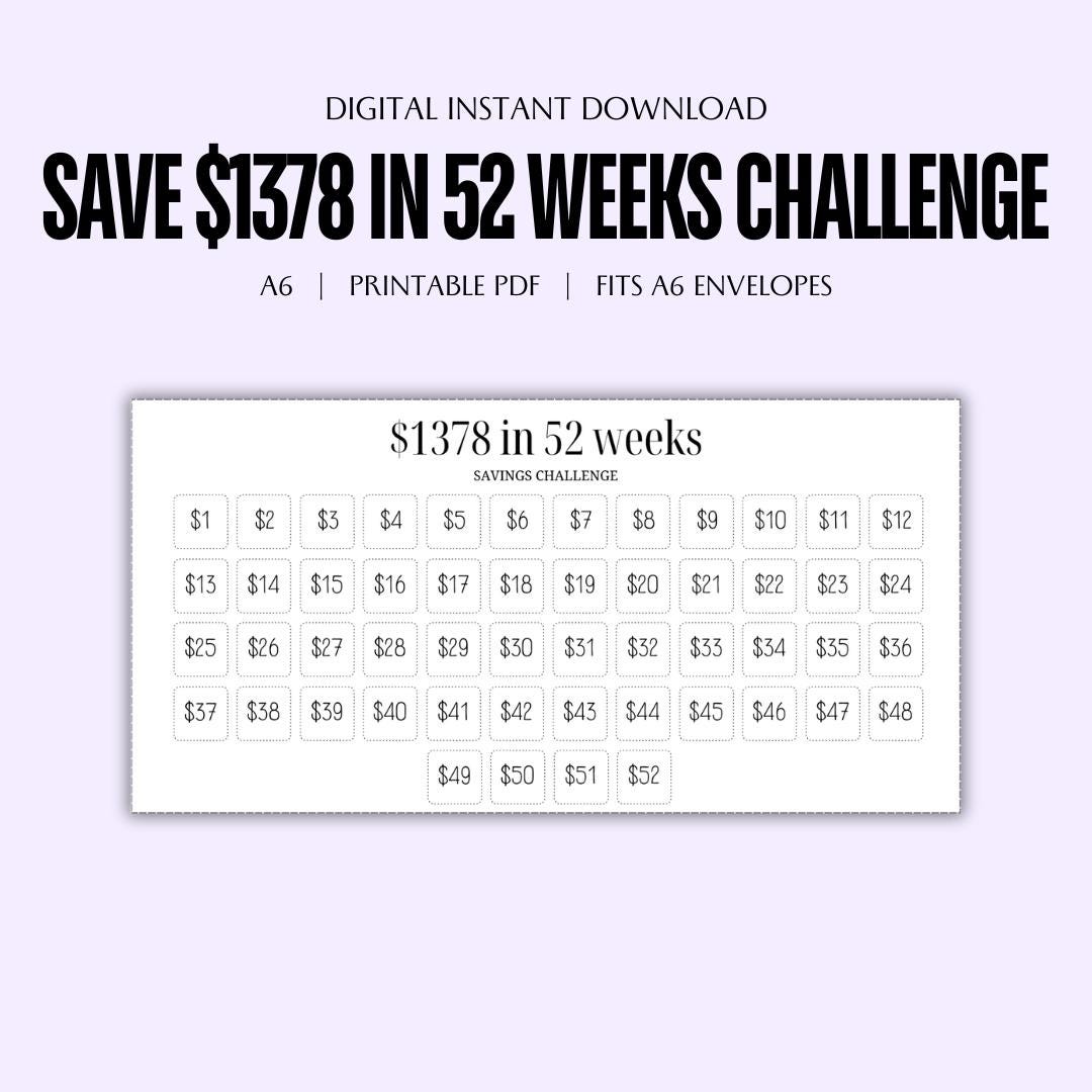 52 Week Savings Challenge: A6 Printable Tracker (PDF) - Etsy