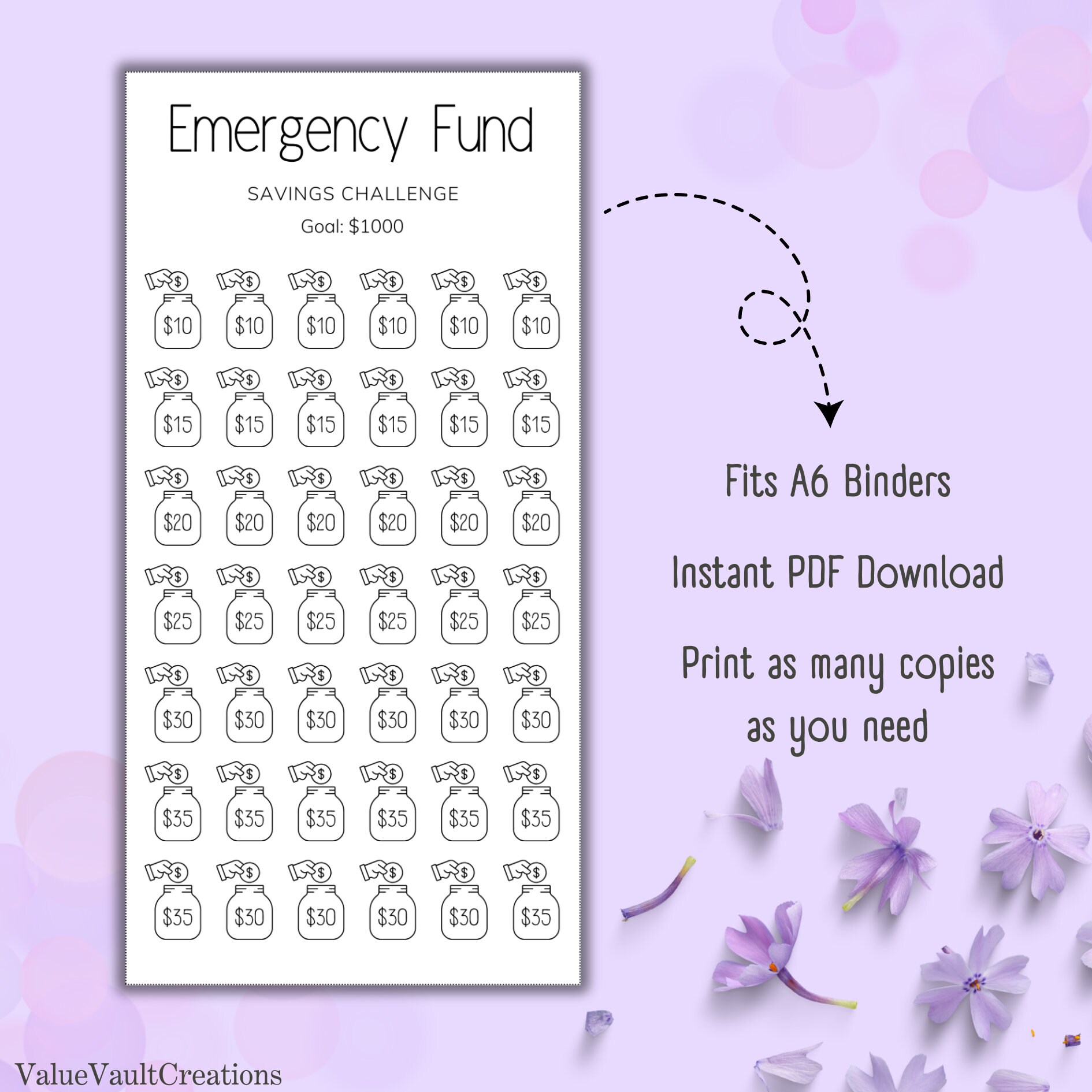 Emergency Fund Savings Challenge A6 Binder Insert Save 1000 Dollars ...