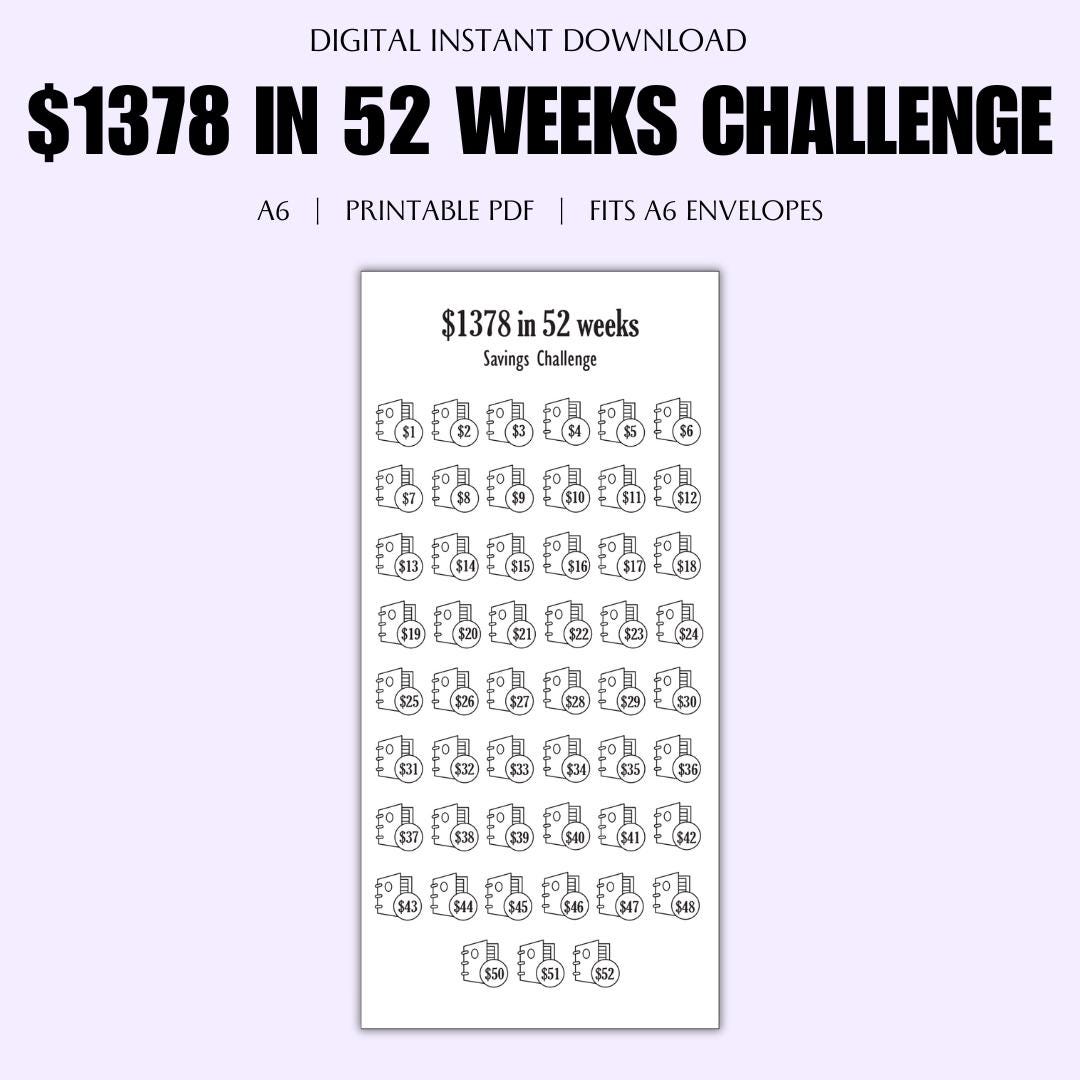 52 Week Savings Challenge Printable: A6 Cash Envelope Insert (PDF) - Etsy