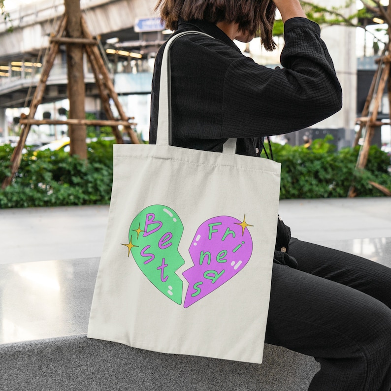 BFF Split Heart Canvas Tote Bag | Best-friend Heart Locket Purse ...