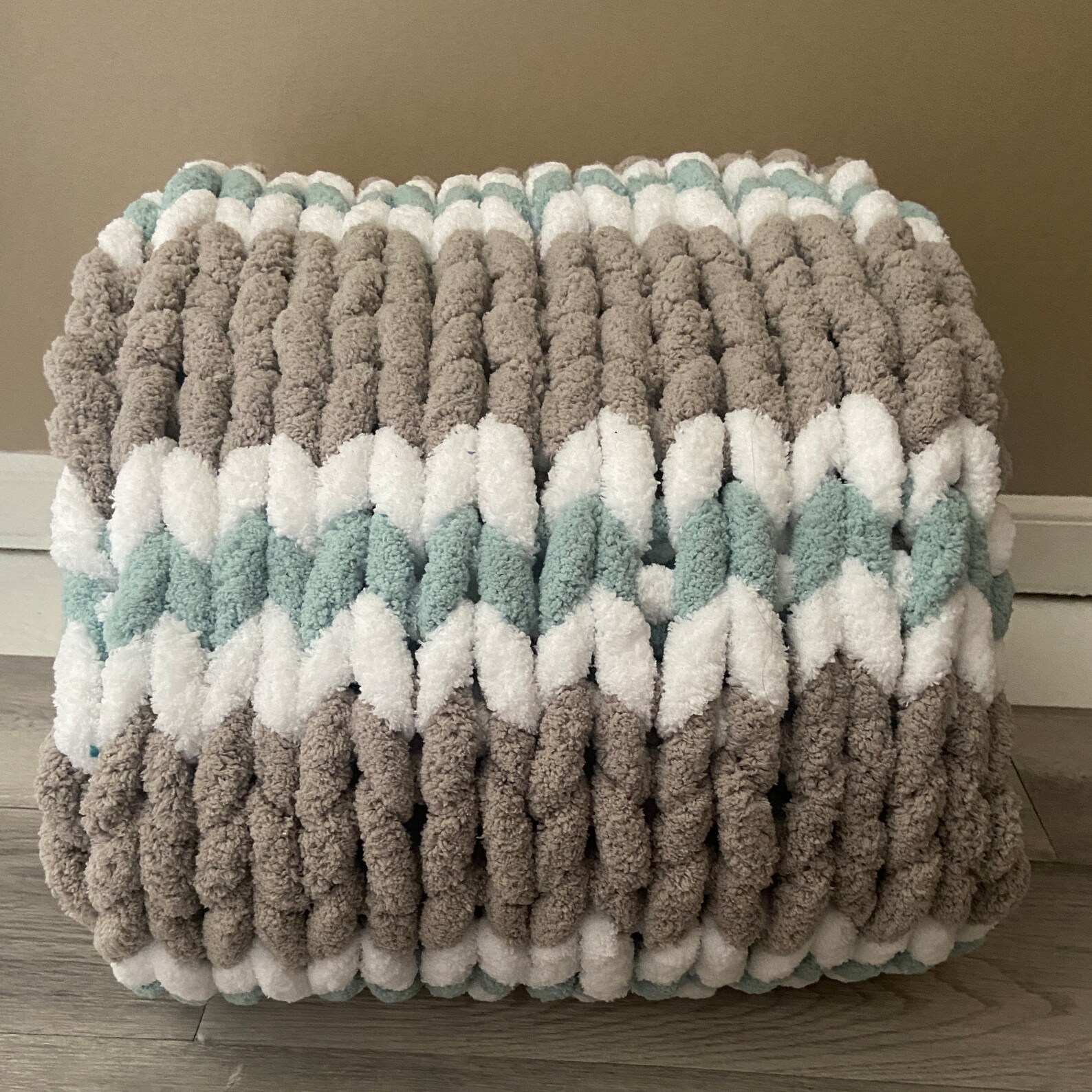 Ash Gray Chunk Blanket With White and Spa Blue Stripes, Polyester Yarn ...