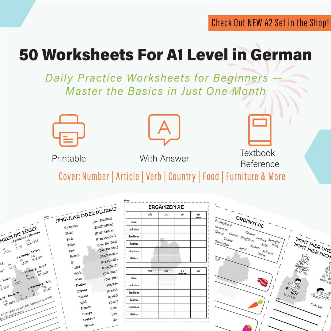 50 Worksheets for A1 Beginner German | Verb/article/writing&reading ...