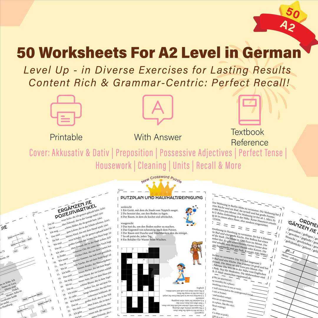 50 Worksheets for A1+A2 Beginner German | Grammar Intensive/crossword ...