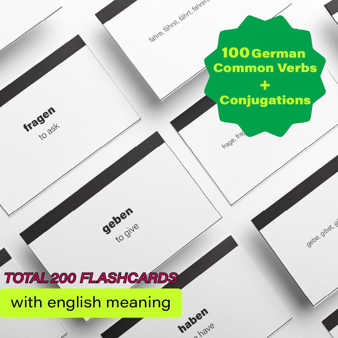 100 German Most Common Verbs Flashcards + Conjugations | 100 Deutsche ...