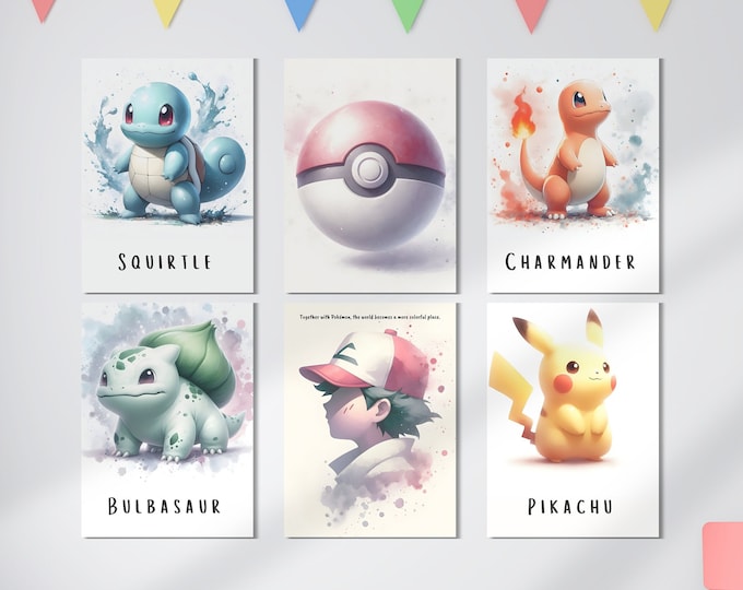 Set of 6 Watercolor Pokemon Wall Art, Pikachu, Bulbasaur, Charmander ...