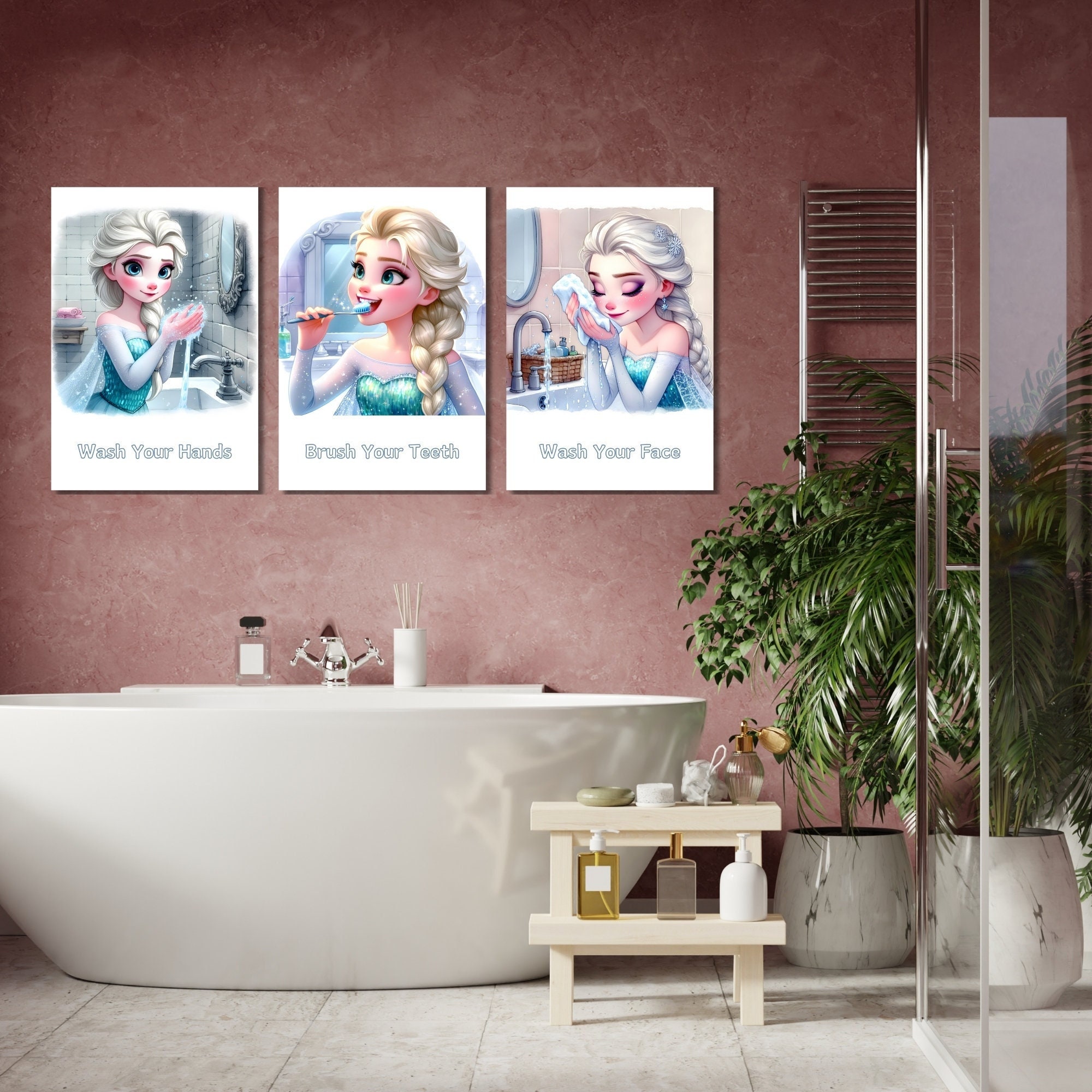 Set of 3 Frozen Kids Bathroom Wall Art, Elsa Frozen Bathroom Decor ...