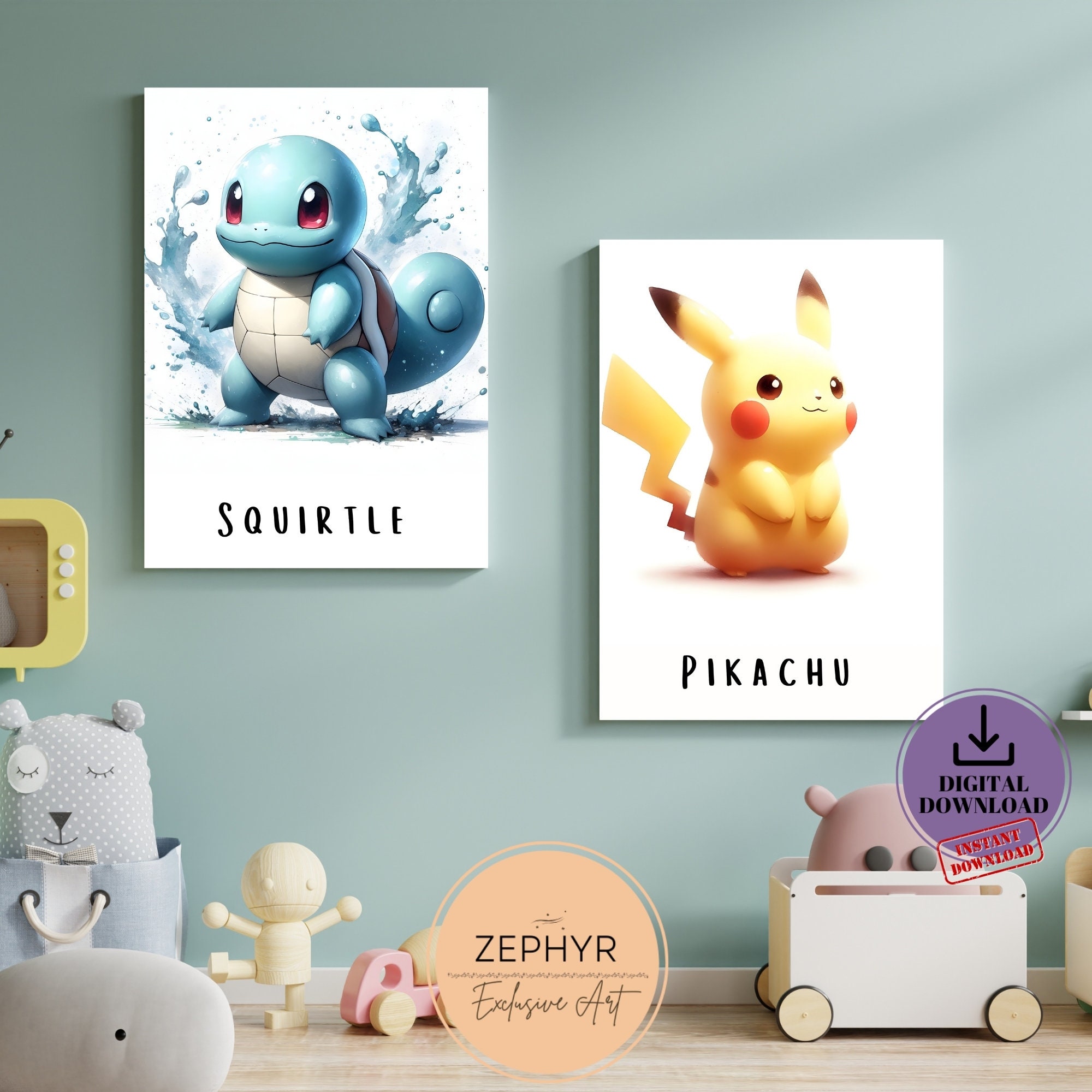 Set of 6 Watercolor Pokemon Wall Art, Pikachu, Bulbasaur, Charmander ...