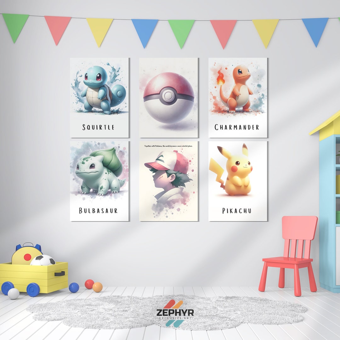 Set of 6 Watercolor Pokemon Wall Art, Pikachu, Bulbasaur, Charmander ...