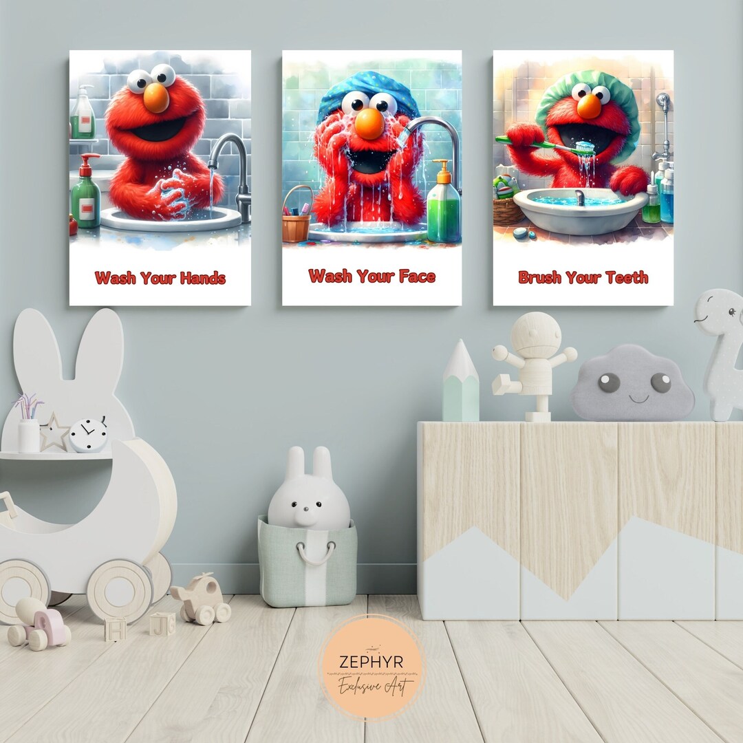 Set of 3 Elmo Kids Bathroom Wall Art, Elmo Bathroom Decor, Bathroom ...