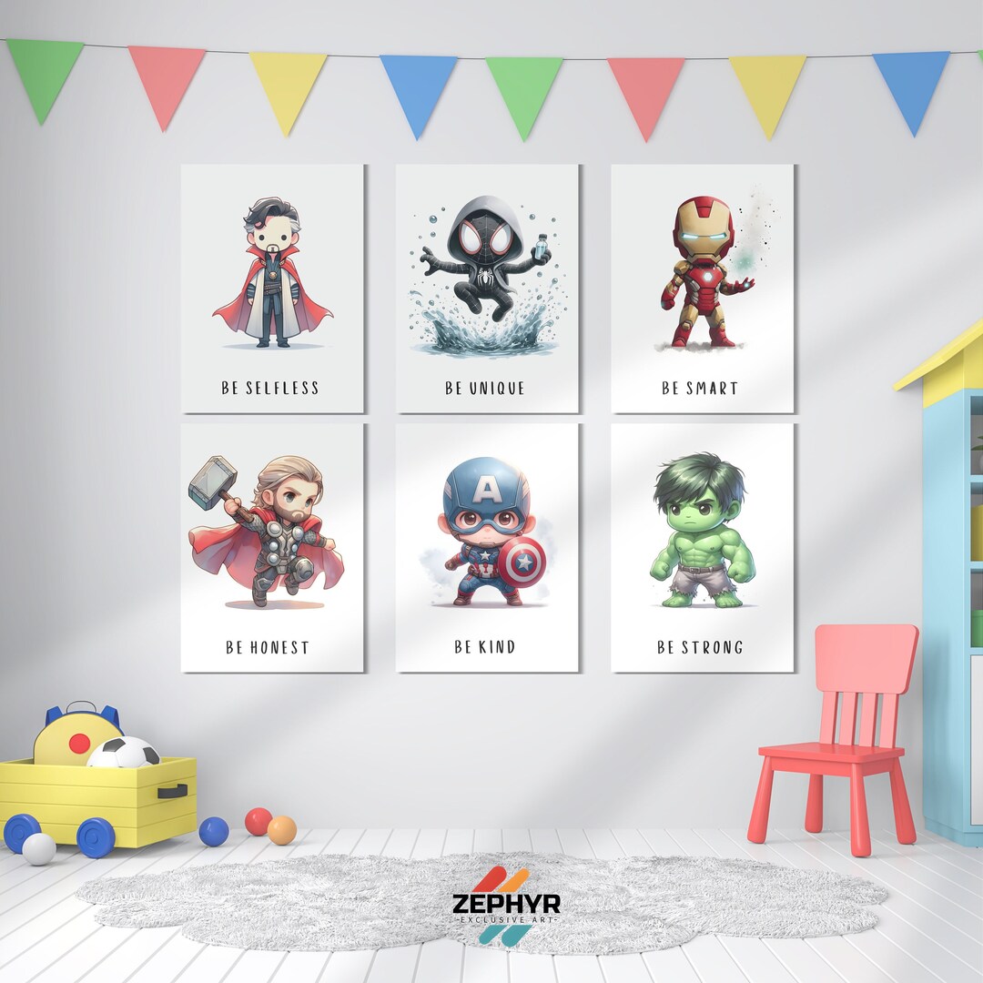Set of 6 Superhero Wall Art, Be Unique, Be Strong, Be Smart, Be Honest ...
