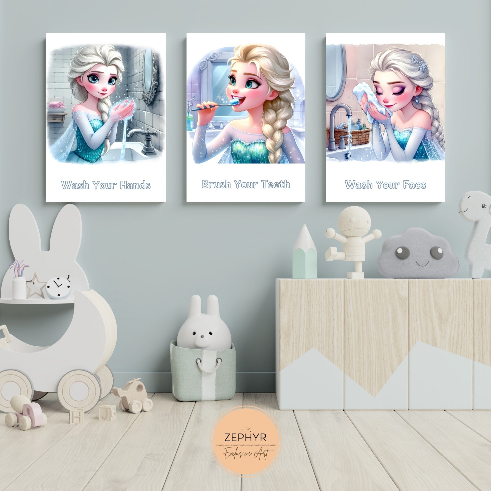 Set of 3 Frozen Kids Bathroom Wall Art, Elsa Frozen Bathroom Decor ...