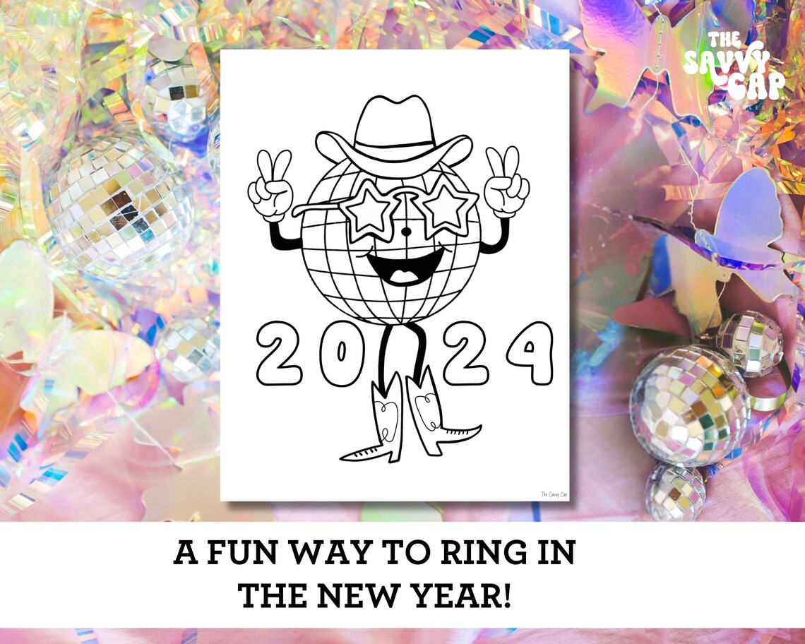 2024 Happy New Year Coloring Pages Coloring Page for Kids Retro Groovy ...