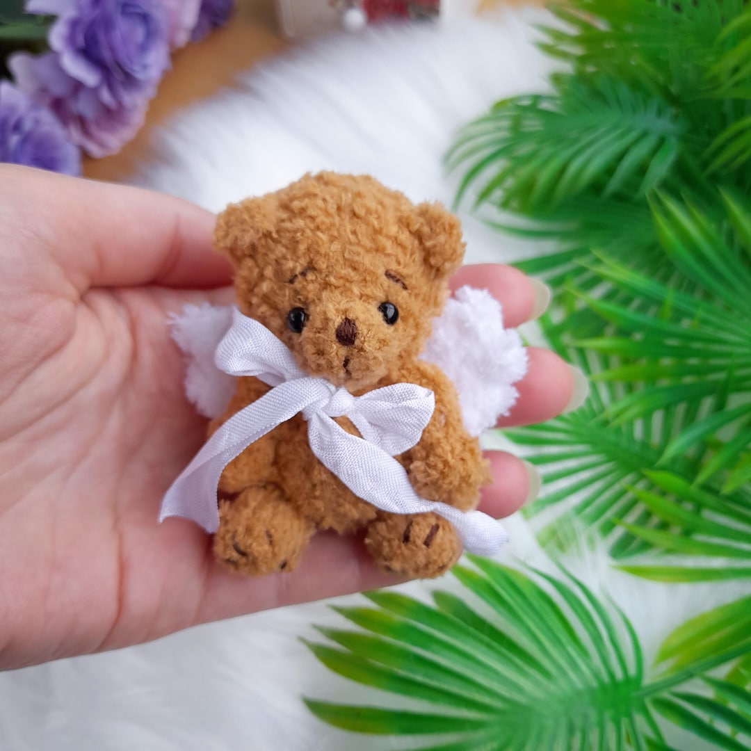 Tiny Teddy Bear With Wings and a Bow. Pocket Stuffed Soft Pet. Mini ...