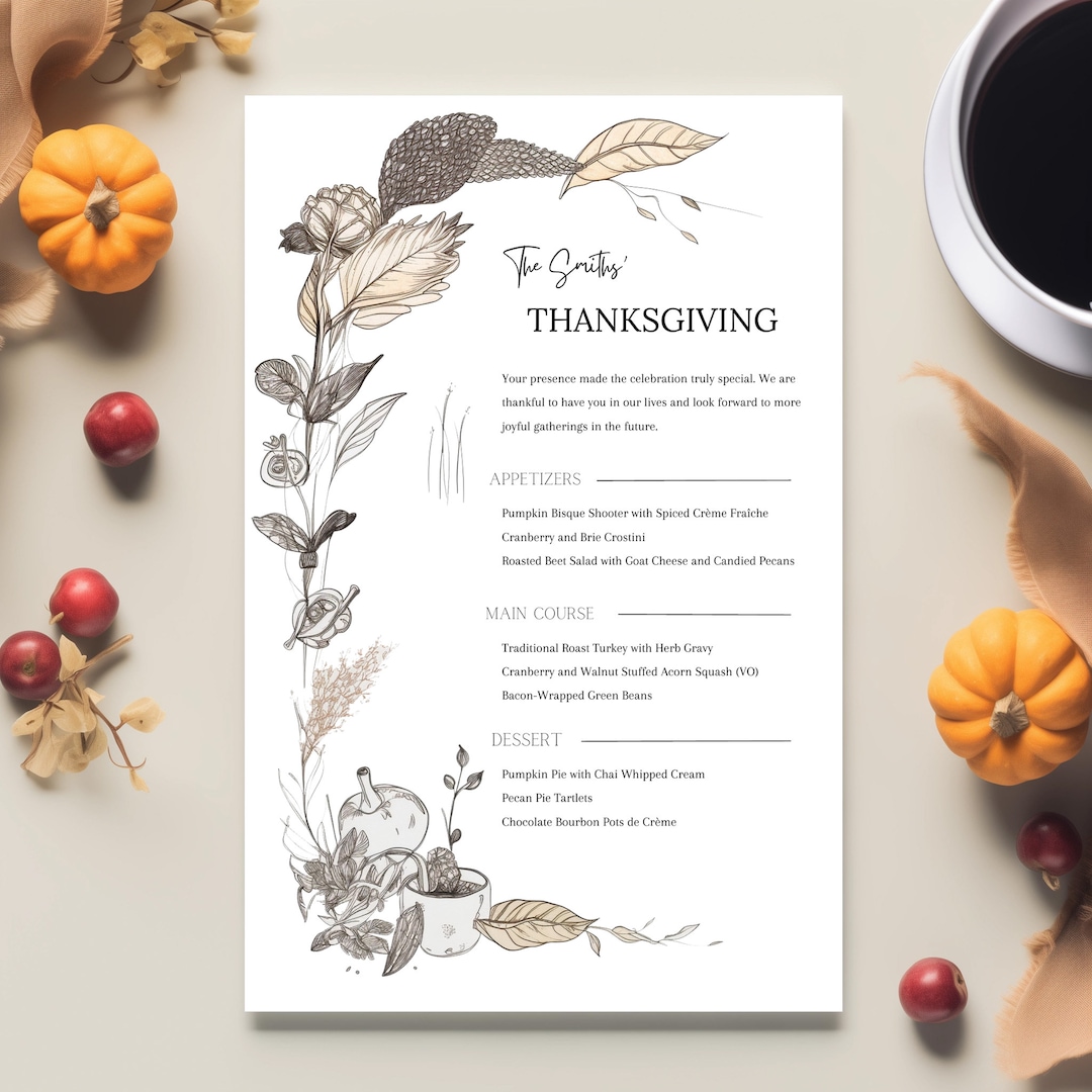 Customizable Thanksgiving Menu Template Printable Fall PDF Personalized ...
