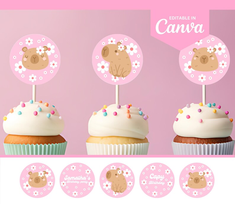 Capybara Birthday Cupcake Toppers, Cute Pink Capy Party Decor, Digital ...