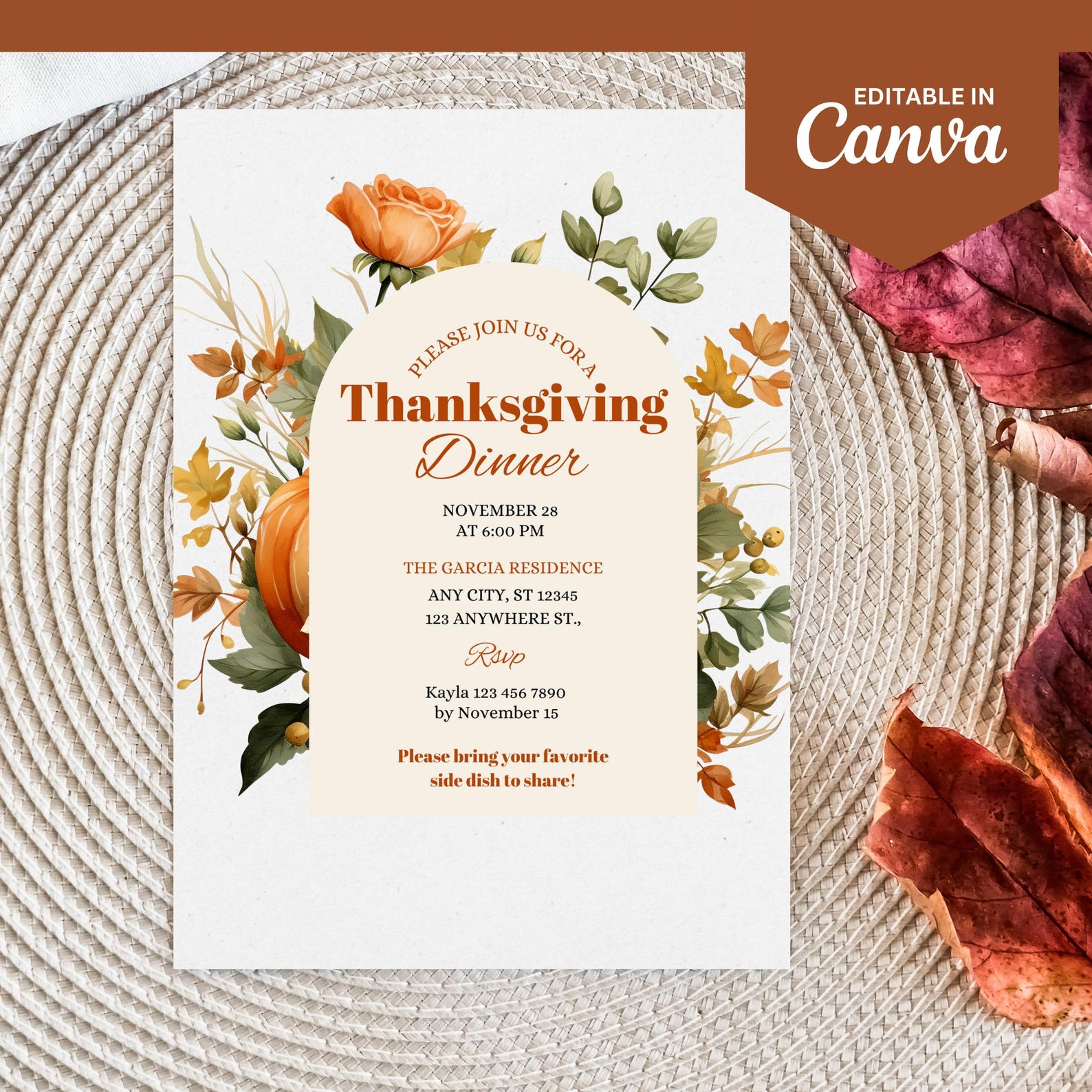 Editable Thanksgiving Dinner Invitation, Thanksgiving Party, Printable ...