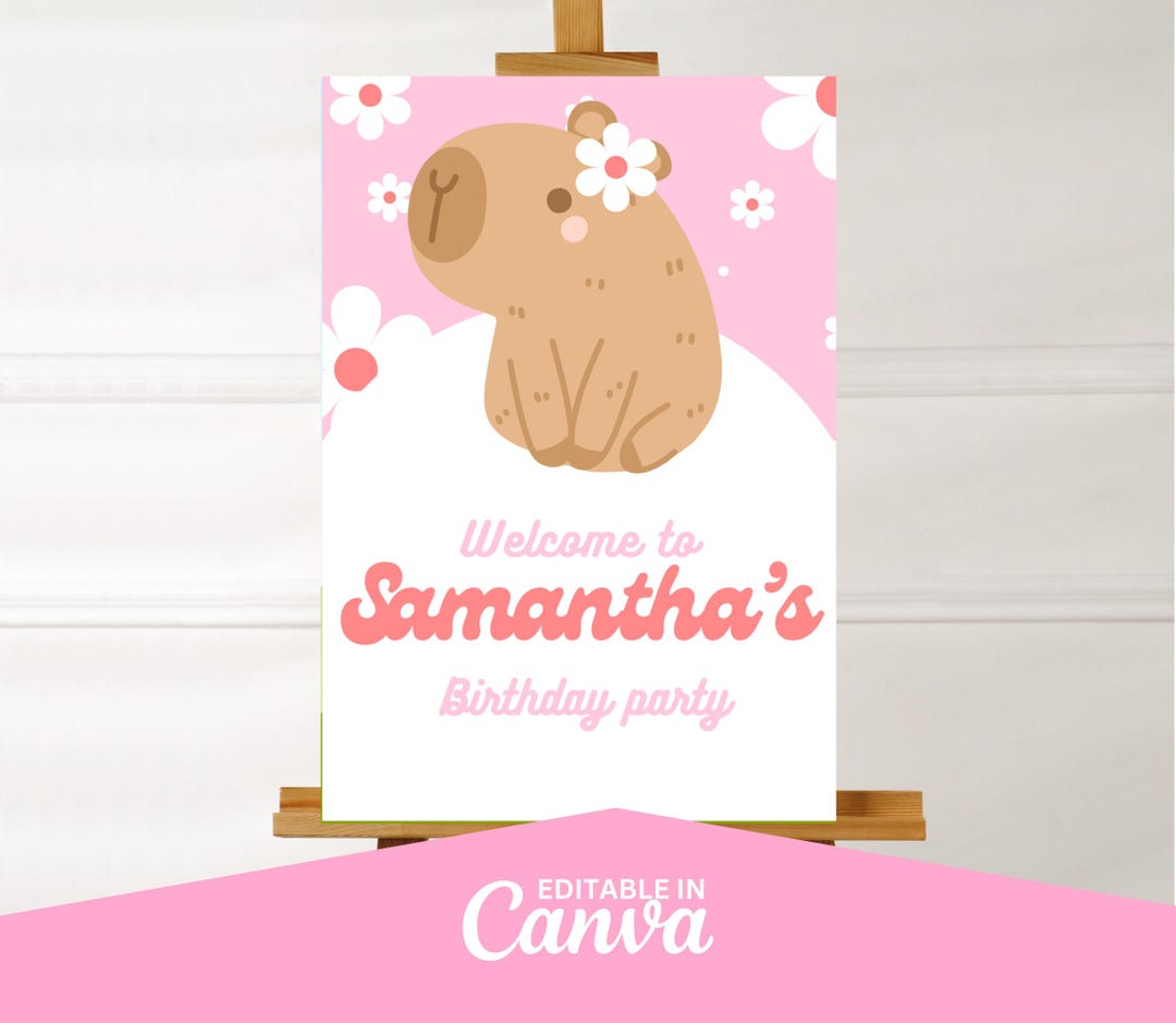 Capybara Birthday Welcome Sign, Cute Pink Capy Party Sign, Digital ...