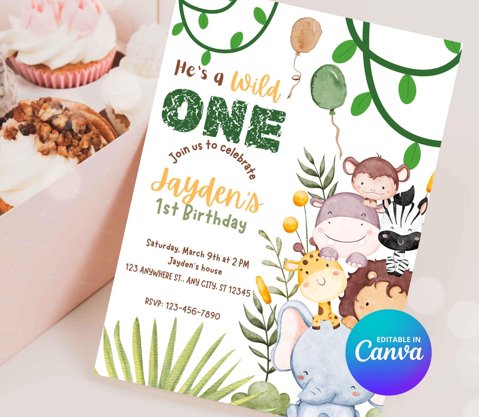 EDITABLE Safari Birthday Invitation, Wild One 1st Birthday Invite ...