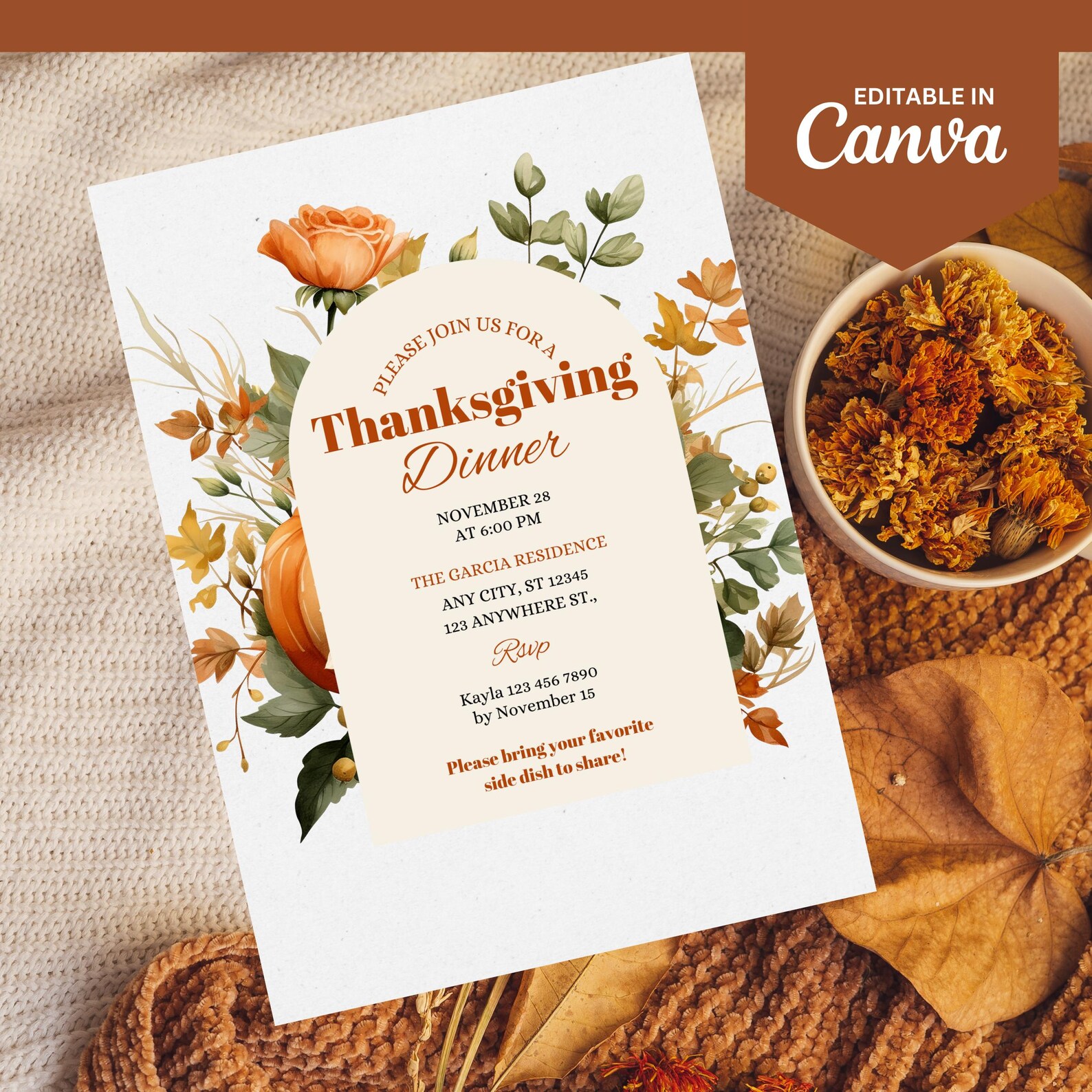 Editable Thanksgiving Dinner Invitation, Thanksgiving Party, Printable ...