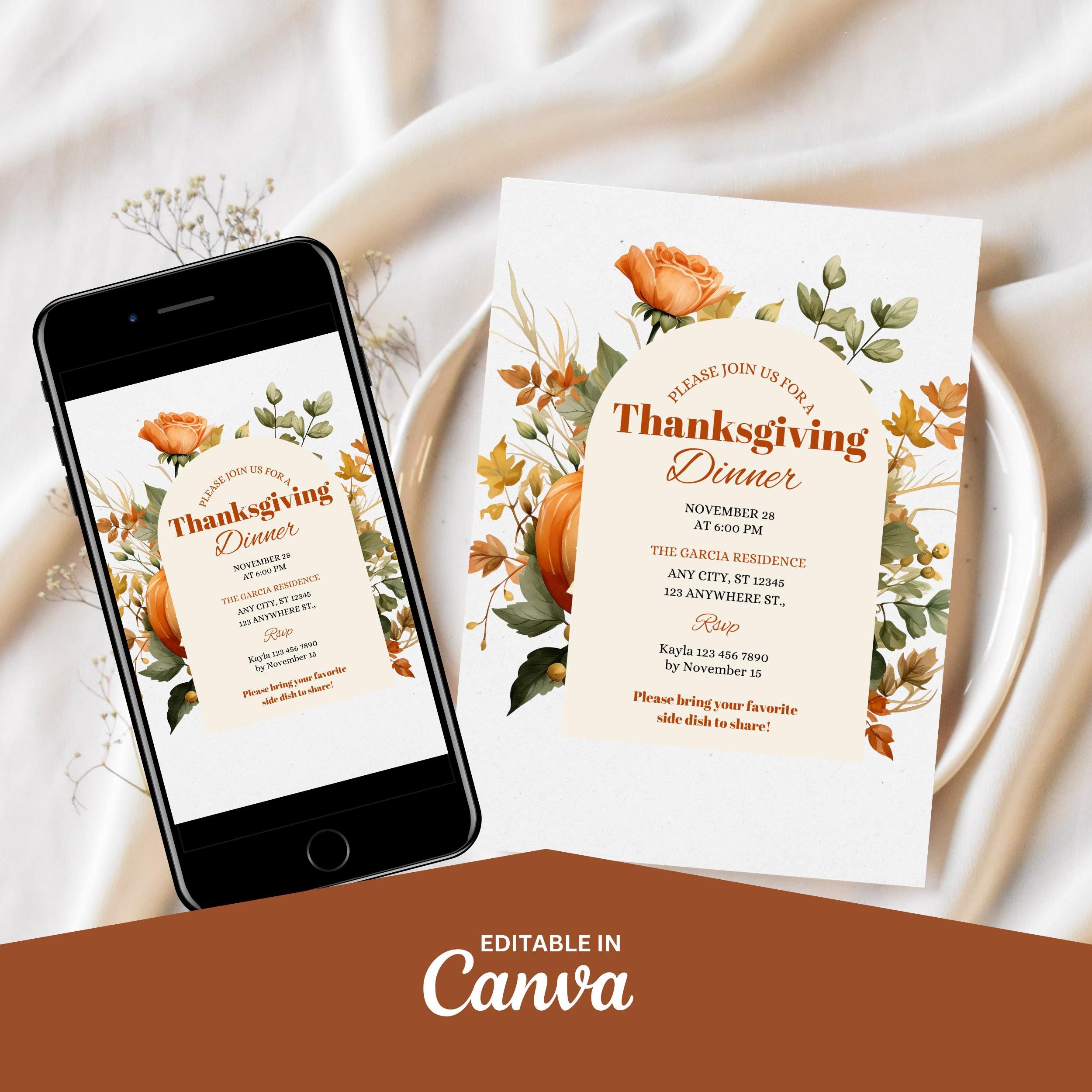 Editable Thanksgiving Dinner Invitation, Thanksgiving Party, Printable ...