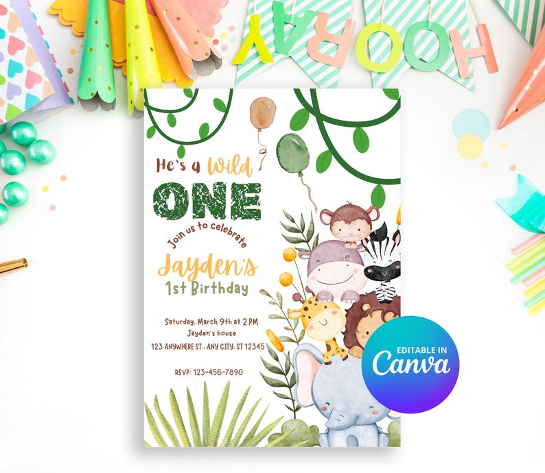 EDITABLE Safari Birthday Invitation, Wild One 1st Birthday Invite ...