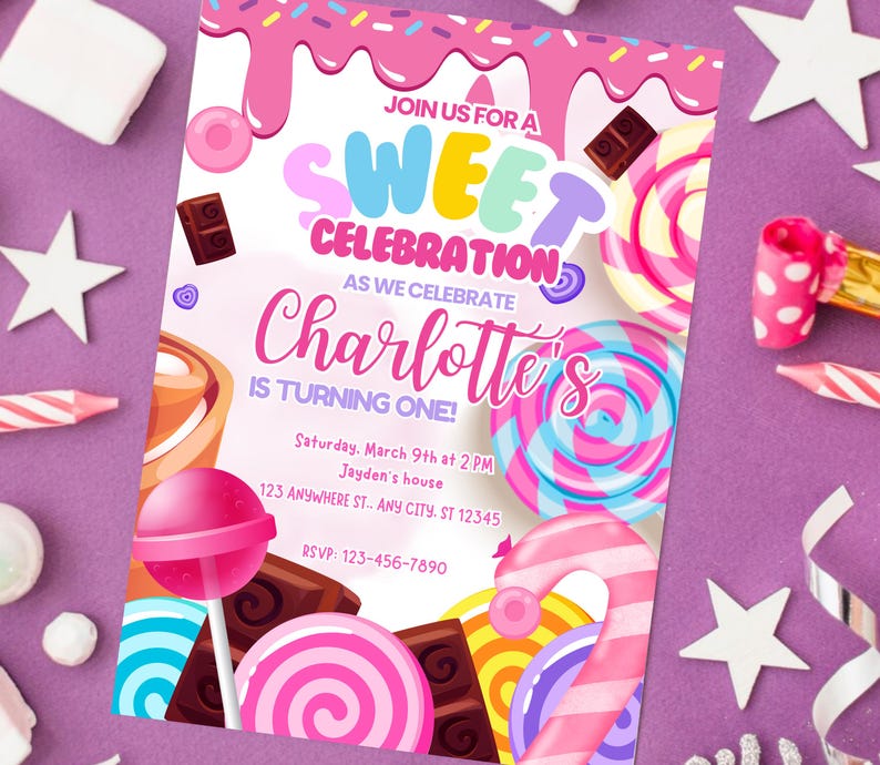 Editable Sweets Candy Invitation, Sweet Candy Birthday Invitation ...