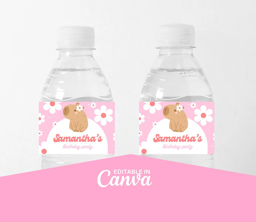 Capybara Birthday Water Bottle Labels, Cute Pink Capy Party Labels ...
