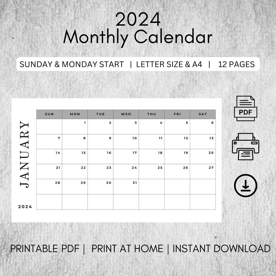 2024 Monthly Landscape Calendar | Minimal Grey Black and White Monthly ...