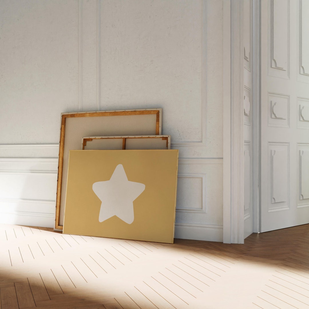 Retro Star Beige Mustard Yellow Poster, Horizontal Hand Drawn Star Wall ...