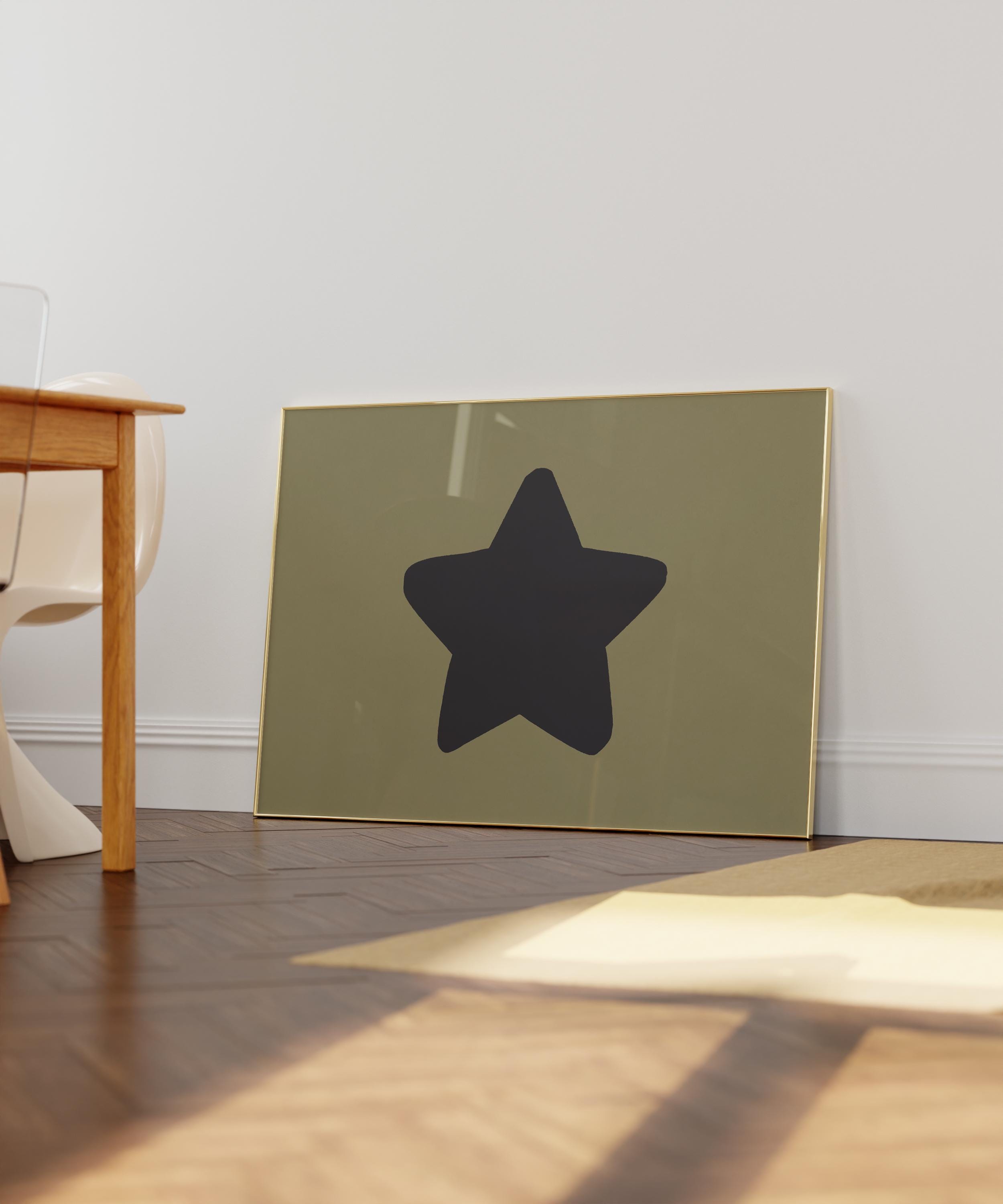 Retro Star Black - Olive Green Poster, Horizontal Hand Drawn Star Wall ...