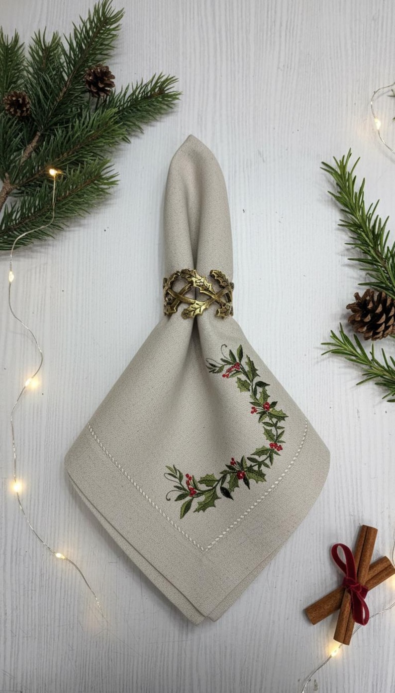 Embroidered Linen Napkins Set, Rustic Table Linens for Christmas Dinner ...