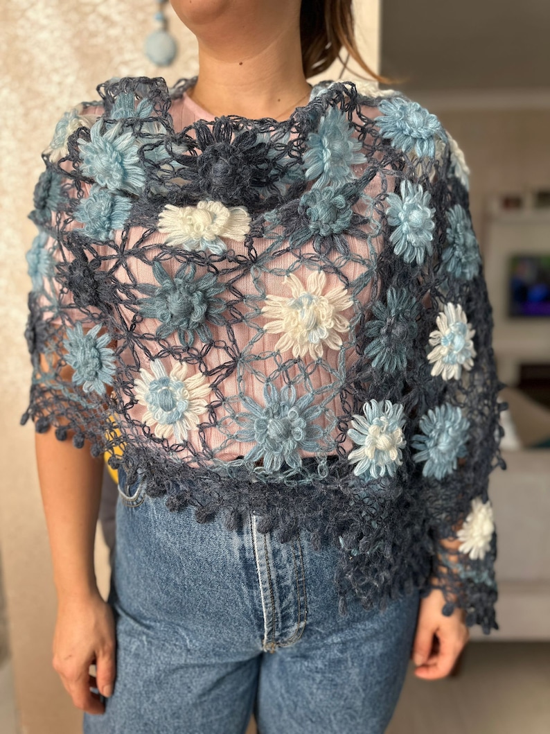 Crochet Shawl, Bridal Shawl, Flower Shawl, Handmade Scarf, Rectangle ...